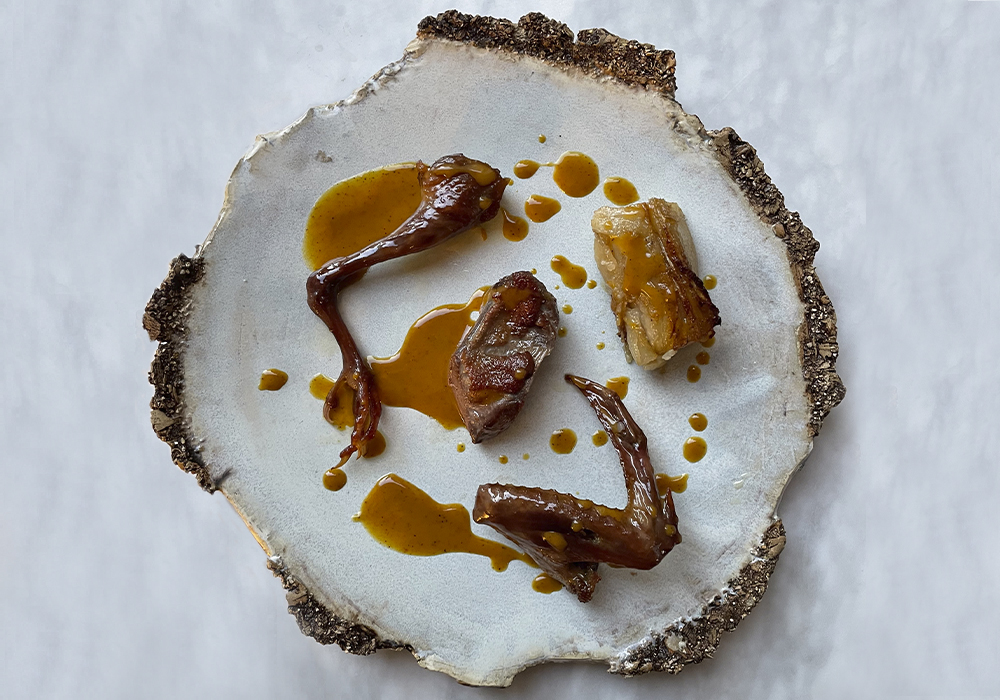 Squab Pigeon with Potato Dauphinoise and Miso Caramel Sauce - '74Escape